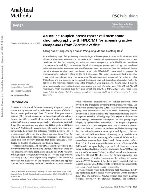 Pdf An Online Coupled Breast Cancer Cell Membrane Chromatography With