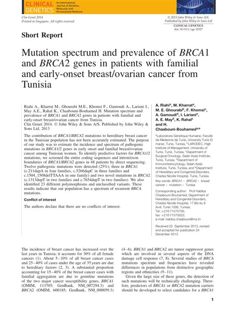 Pdf Mutation Spectrum And Prevalence Of Brca 1 And Brca 2 Genes In
