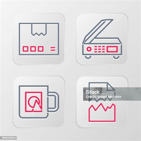 세트 라인 찢어진 문서 커피 컵 스캐너 및 판지 판지 상자 아이콘 벡터 개념에 대한 스톡 벡터 아트 및 기타 이미지 개념 건강관리와 의술 그래픽 프린트 Istock