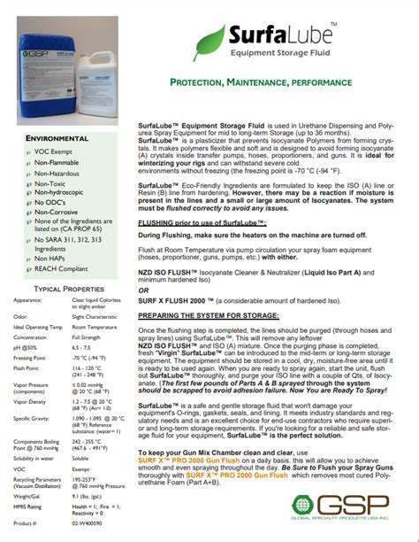 Surf A Lube Storage Fluid Technical Data Sheet Tds Profoam