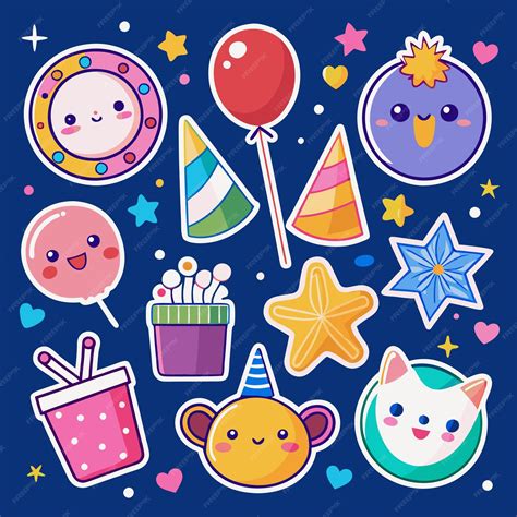 Una Colección De Pegatinas Bonitas Con Una Variedad De Personajes Y Objetos En Un Estilo De