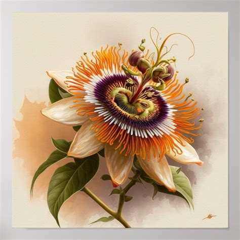 Orange Passion Flower Art Print Poster Flower Prints Art Posters Art
