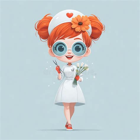 Enfermera De Caricatura Con Pelo Rojo Y Lentes Sosteniendo Herramienta