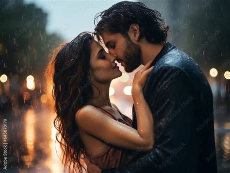 Couple Sharing Passionate Kiss In Rain Showcasing Deep Emotional