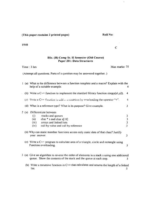 1940 Bsc H Comp Science Ii Sem Old Course Paper 201 Data Structures Pdf