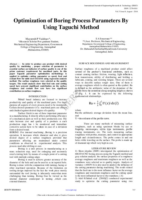 Pdf Ijert Optimization Of Boring Process Parameters By Using Taguchi Method