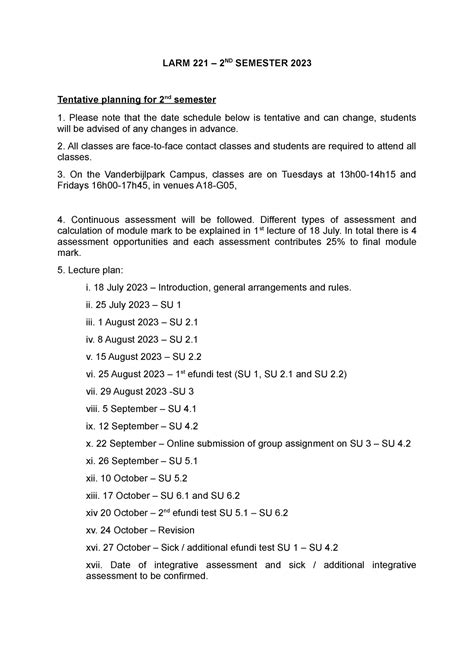 Schedule For Larm 221 Larm 221 2nd Semester 2023 Tentative Planning
