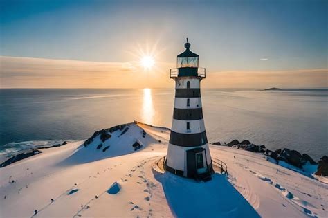 Premium Photo The Sun Sets Over A Lighthouse