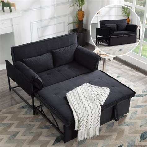 Bshti 46 Inch Convertble Sleeper Sofa Bedblack Velvet Upholstered Sleeper Couchpull Out Sofa