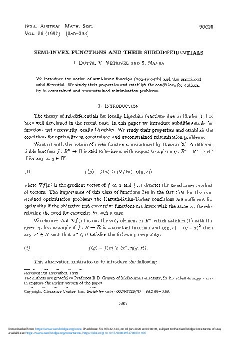 Pdf Semi Invex Functions And Their Subdifferentials