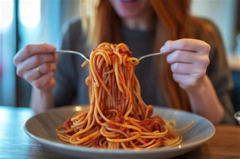 Woman Intently Eating Spaghetti Plate Piling High Premium AI Generated Image