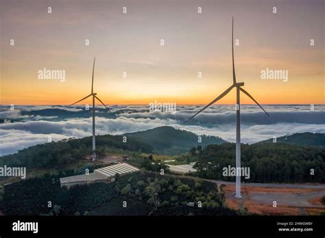 Aerial View Of Windmill Or Wind Farm In Fog At Cau Dat Town Da Lat City Lam Dong Vietnam