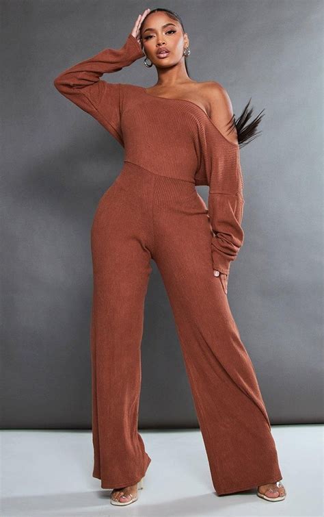 Jumpsuits Shape Chocolate Brown Rib Off The Shoulder Jumpsuit