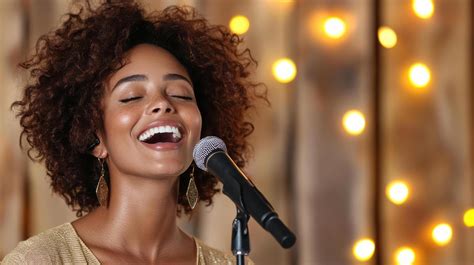 Female Singer Performing Live With Joyful Expression And Glowing Lights