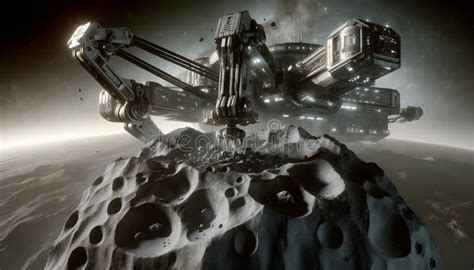 Futuristic Space Mining Advanced Spaceship Extracting Asteroid