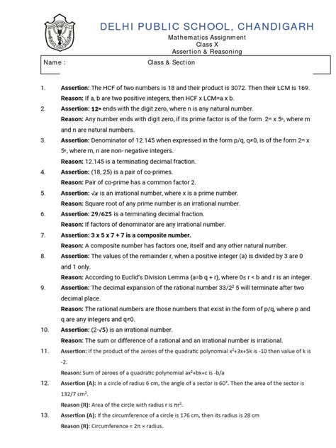 Assertion And Reason Pdf Numbers Sphere