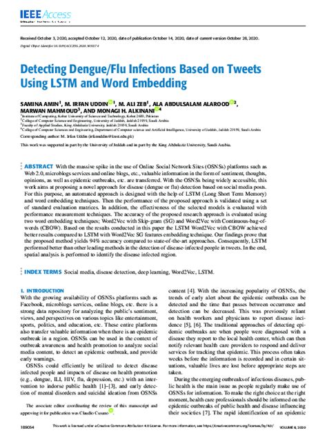 Pdf Detecting Dengueflu Infections Based On Tweets Using Lstm And Word Embedding