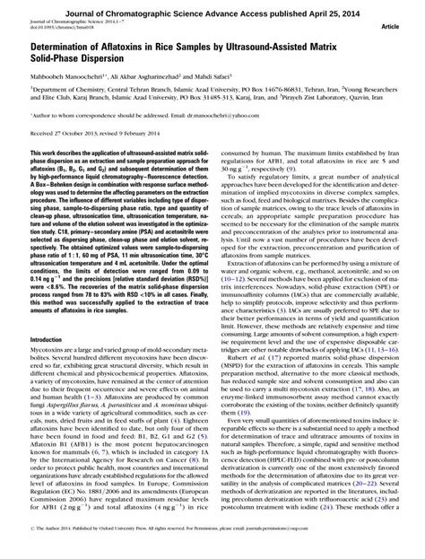 Pdf Determination Of Aflatoxins In Rice Samples By Ultrasound Assisted Matrix Solid Phase