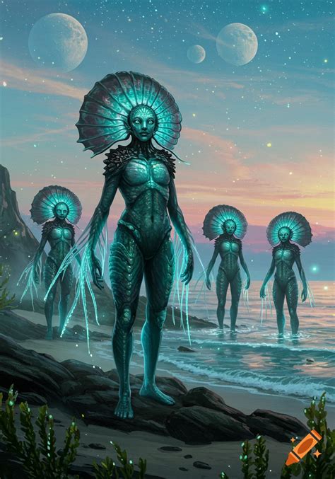 Four Glowing Blue Green Alien Humanoids With Large Frilled Heads Stand On A Rocky Beach With An
