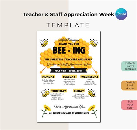 Editable Bumble Bee Theme Teacher Staff Appreciation Itinerary Flyer