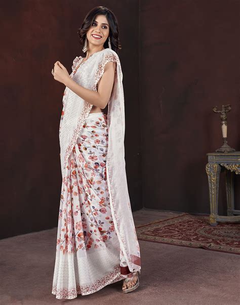White Floral Printed Georgette Saree Sudathi