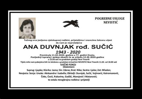 Ana Duvnjak Rođ Sučić Osmrtnice Ksb Ana Duvnjak Rođ Sučić Osmrtnice Ksb