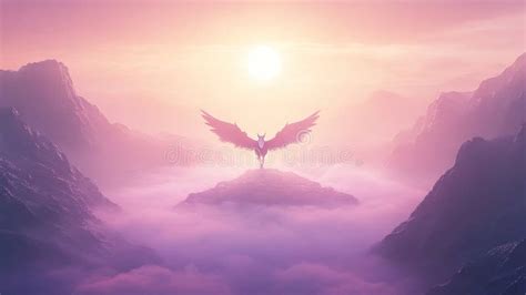 Majestic Winged Creature Sunrise Mountaintop Fantasy Art Stock Image