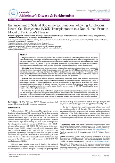 Pdf Enhancement Of Striatal Dopaminergic Function Following Autologous Neural Cell Ecosystems