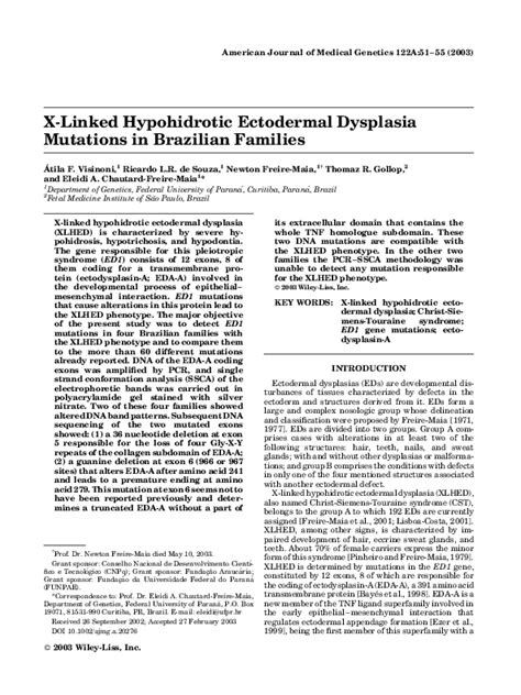 Pdf X Linked Hypohidrotic Ectodermal Dysplasia Mutations In Brazilian Families Átila