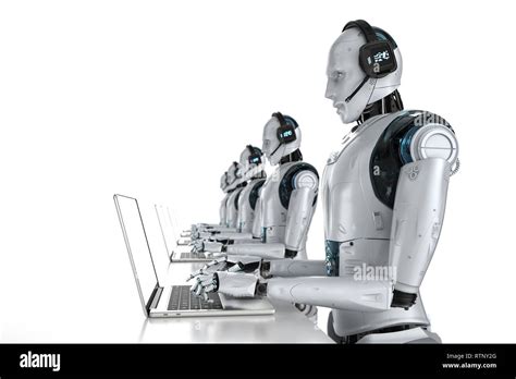 Chat bot concept with 3d rendering humanoid robot with headset work on computer notebook Stock ...