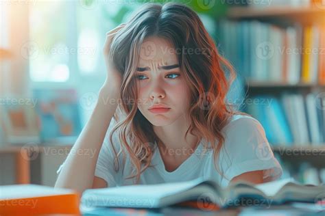 Young Woman With Concerned Expression Studying In Library 49195090