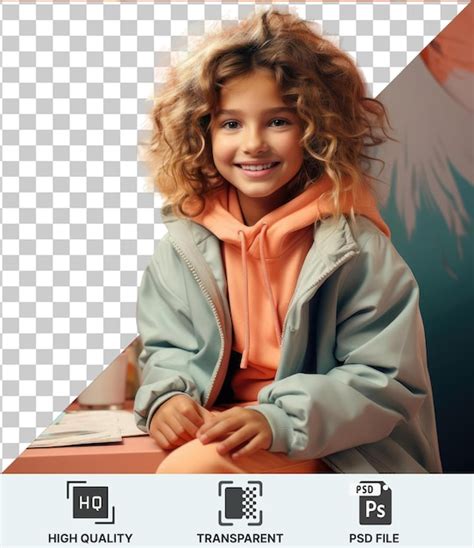 Premium Psd A Young Girl With Curly Hair Sits At A Pink Table Wearing