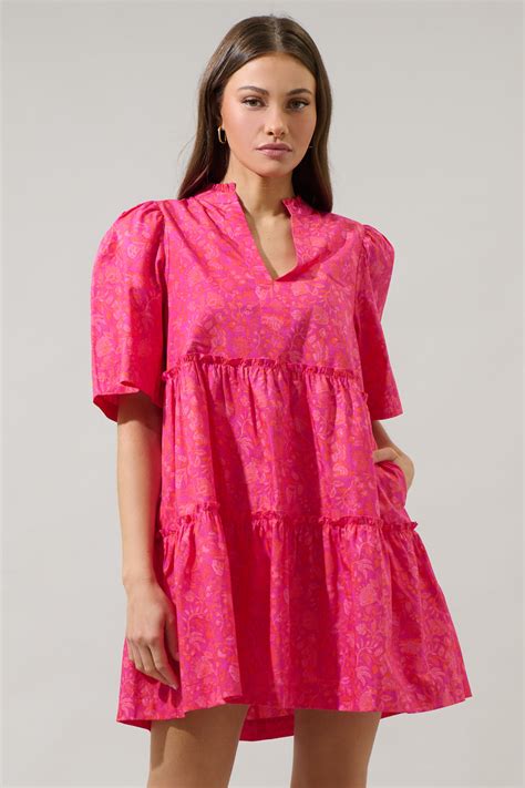 Cerise Floral Dixie Split Neck Shift Dress Sugarlips