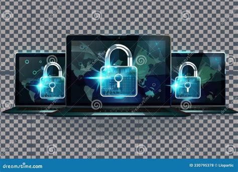 Three Laptops Displaying Digital Security Locks On Their Screens Representing Cybersecurity