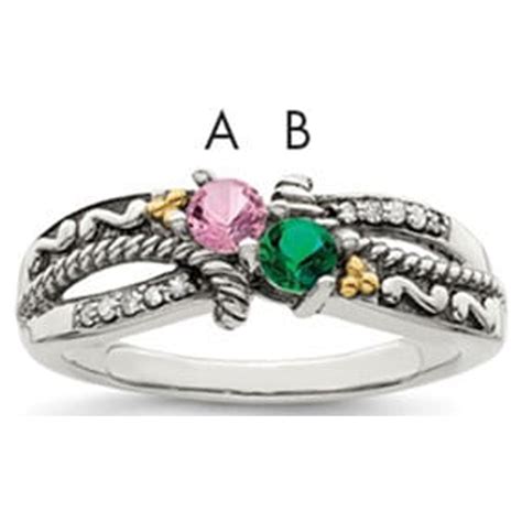 Sterling Silver Antiqued W14k 2 Stone Wdiamond Mothers Ring Semi
