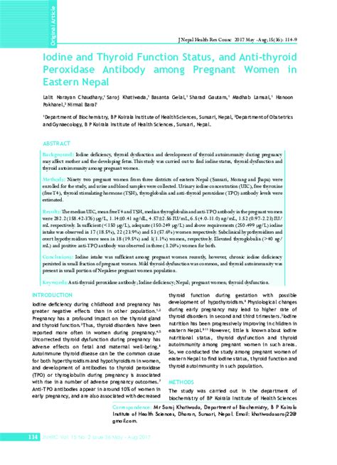 Pdf Iodine And Thyroid Function Status And Anti Thyroid Peroxidase