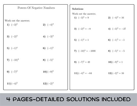 Powers Of Negative Numbers Worksheet With Solutions Teaching Resources