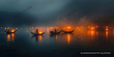 Ai创作图江火渔情 雾中乌篷船 灯光中的乌篷船 灯会划船 水上龙灯 江枫渔火 灯火渔火 小船河灯 渔火节 放河灯 渔火 雾海寻灯 江边渔火 舟