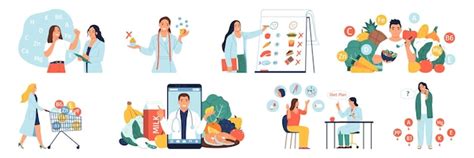 Nutritionist Flat Icons Set With Products Enriched With Vitamins And