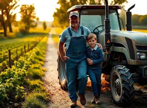 Country Landscape Photo Of Farmer And Son Working Premium Ai Generated Image