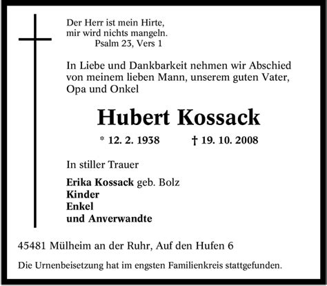 Traueranzeigen Von Hubert Kossack Trauer In Nrw De