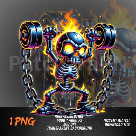 Flaming Skeleton Lifting Png Graffiti Gym Skull With Chains For Dtf