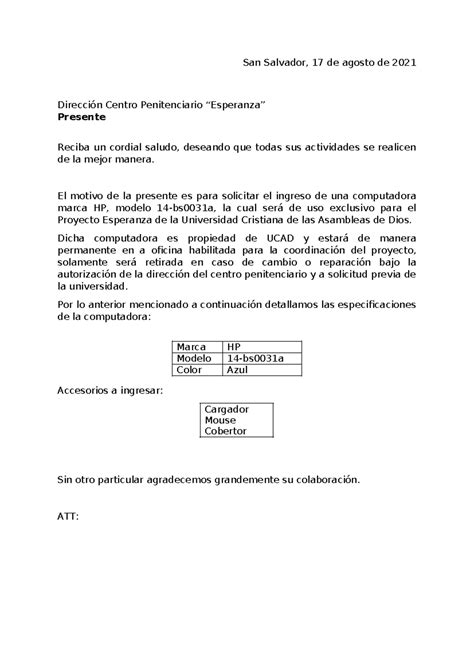 538889249 Carta Ingreso De Computadora San Salvador 17 De Agosto De