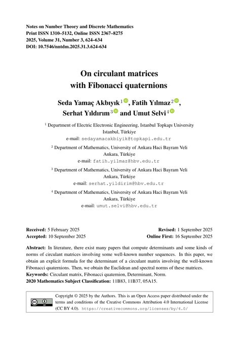 Pdf On Circulant Matrices With Fibonacci Quaternions