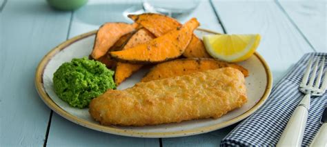 Battered Cod Fillets With Sweet Potato Wedges And Peas Birds Eye