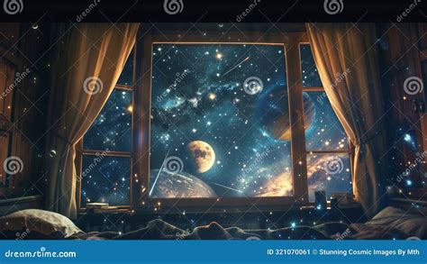 Starry Sky Window Displaying Stars Planets Galaxies Shooting Stars