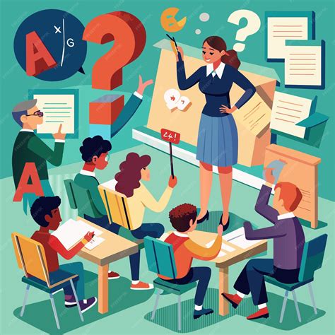 Premium Vector A Poster Of A Classroom With A Woman Pointing At A Question Mark