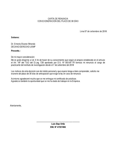 Modelo De Carta De Renuncia Peru Exoneracion Los 30 Dias Pdf