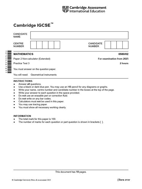 0580 Practice Test 3 2025 Paper 2 Qp Pdf Area Geometry