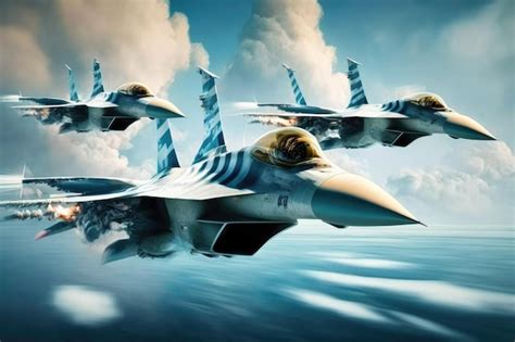 Premium Ai Image Over The Water Three F 16 Fighter Planes Fly In Vic Formation